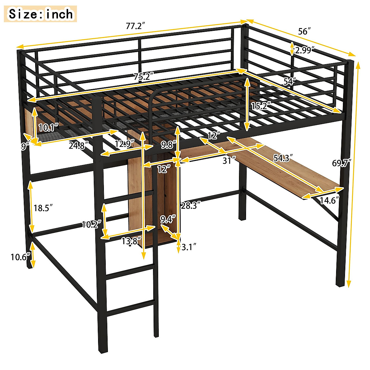 Oudiec Full Size Loft Bed with Wood L -Shaped Desk,Multifunctional Metal Bedframe w/Ladder & Shelves & Safety Rail for Dorm,Bedroom,No Noise,No Box Spring Needed,Black