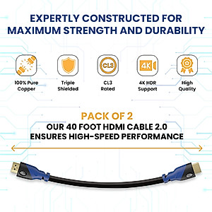 AURUM CABLES 4K HDMI Cable 40ft Long 2 Pack, 4K@60Hz High Speed HDMI Cord with Ethernet, Supports UHD Resolution, ARC, 3D, CL3 Certified - Compatible with HDTV, PC, Laptop, PS3, Xbox, Blu-ray
