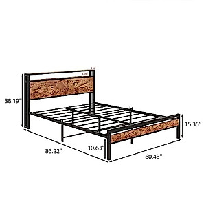 HOJINLINERO Bed Frame Queen Size with Storage Headboard/Power Outlets/USB Ports Charging Station,Metal Bed Frame Queen Size No Box Spring Needed,Under Bed Storage,Easy Assembly,Rustic Brown
