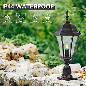 GOALPLUS 24" Outdoor Post Light with Dusk to Dawn Sensor, Exterior Post Lantern Fixture with Pier Mount, Antique Bronze Post Lamp with Seeded Glass, Aluminum Pole Lantern for Garden, Yard