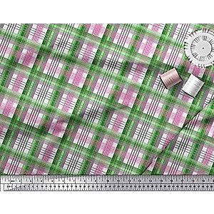 Soimoi Green Cotton Canvas Fabric Gingham Check Print Fabric by Yard 56 Inch Wide