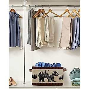 Bear Pine Trees Silhouettes Storage Basket for Shelves, Retro Paper Storage Cube Fabric Storage Bins, Closet Organizers with Handles for Book, Toys, Cloth, 15x11x9.5 Inch