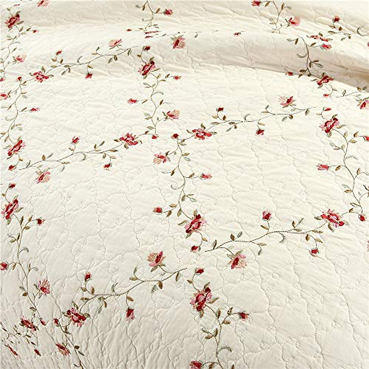 Quilt Set Classical 3D Floral Embroidery Pattern 3-Piece Cotton Reversible Quilted Embroidered Decorative Bedspreads Coverlet Bedding Set, Lightweight &Soft,Beige,King Size