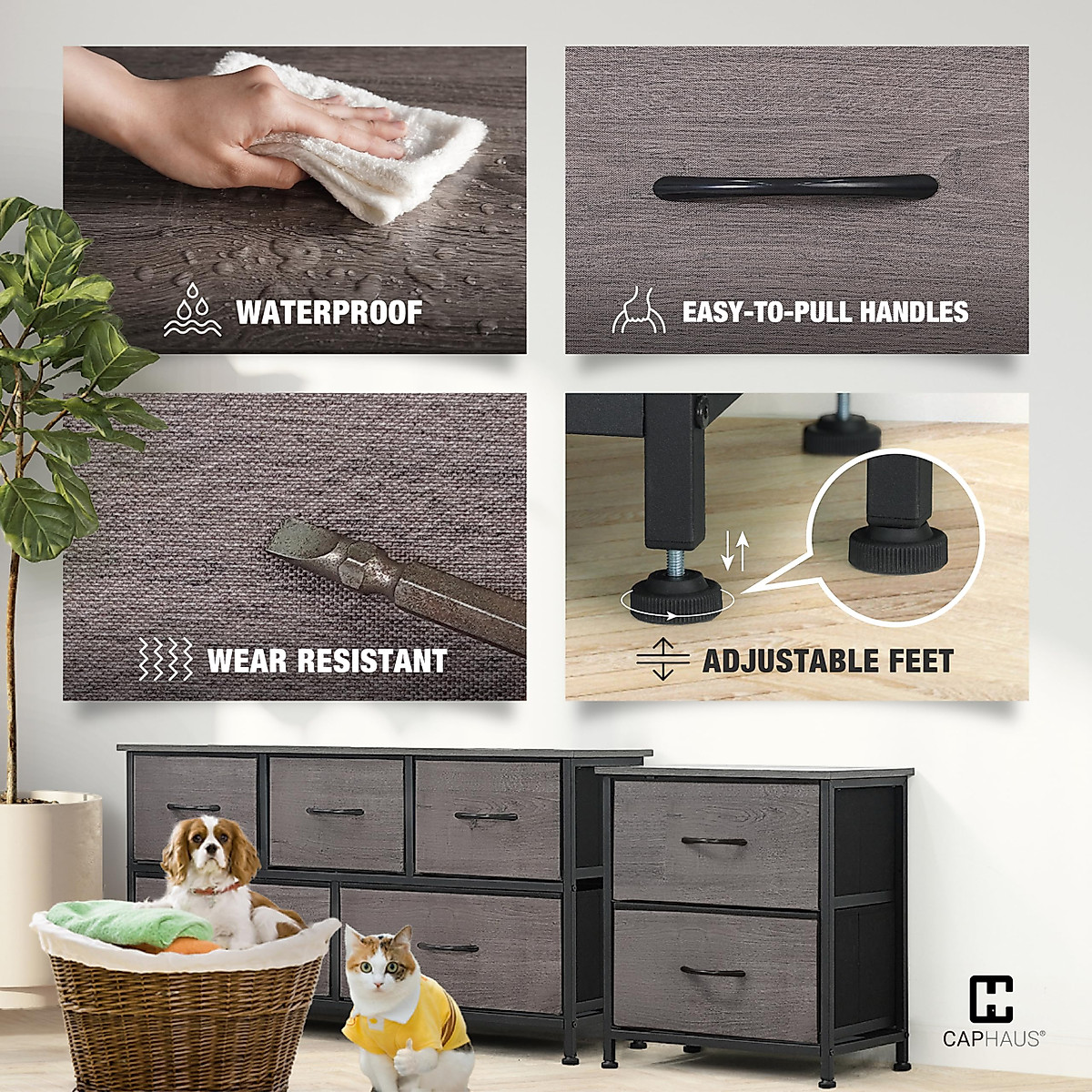 CAPHAUS Set of 2 Drawer Storage Tower w/ 2 Fabric Bins, Nightstand w/ 2 Drawers, Sorting Unit, Chest of Drawers, Organizer w/ P2 Board Top & Fabric Bins, Organizer Unit for Multi-purpose, Grey Oak