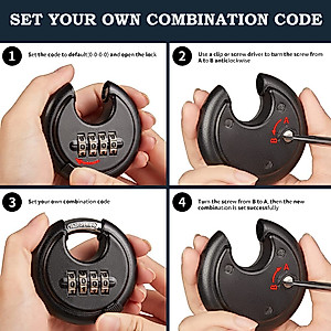 THIRARD Disc Padlock Combination,4 Digit Outdoor Combination Lock Weatherproof, Discus Combo Lock for Storage Unit,Sheds,Gate,Garages,Fence，1 Pack Black