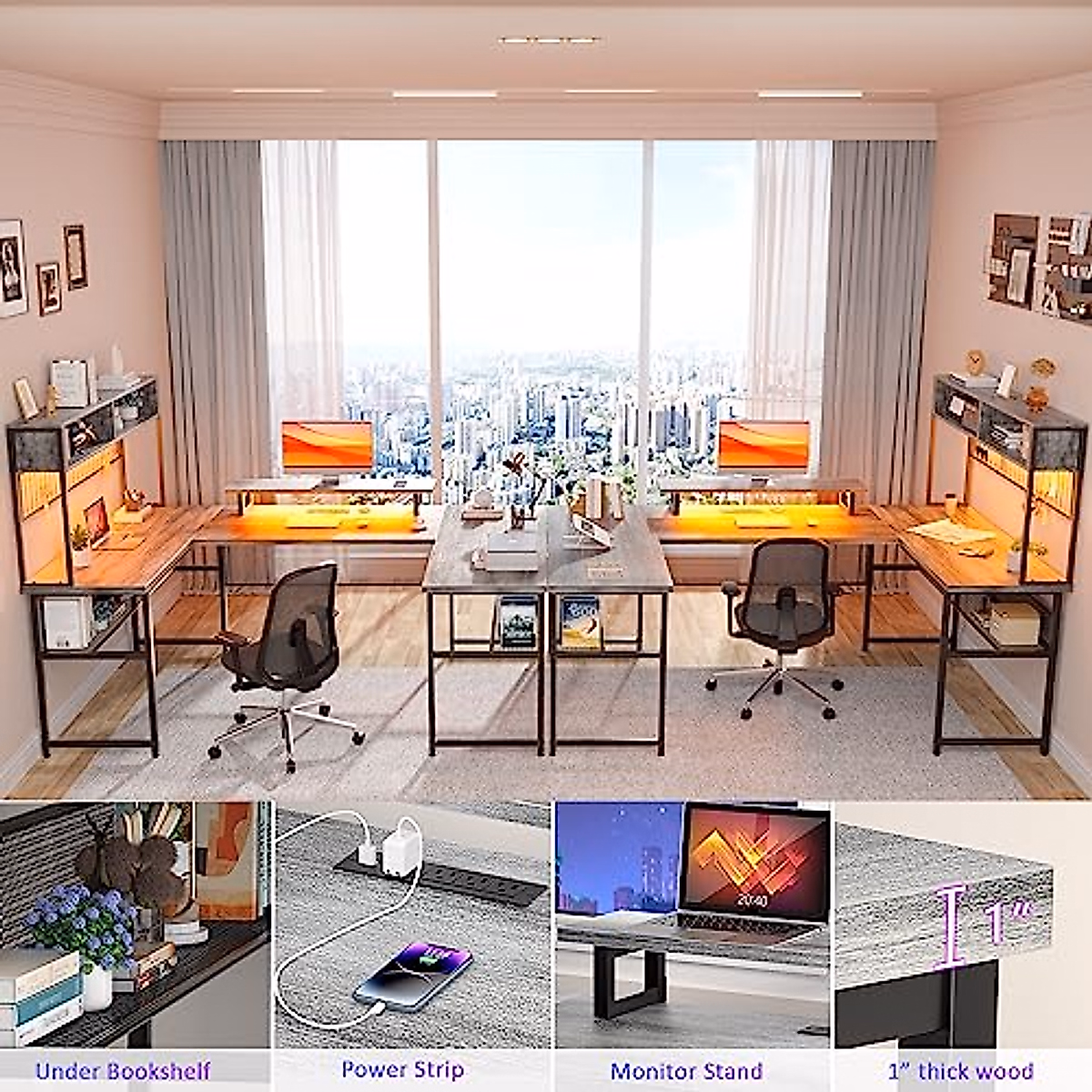 Unikito U Shaped Computer Desks with Hutch, 106 Inch Large Reversible L Shaped Office Desk with Power Outlets and LED Strip, U Shape Gaming Table with Monitor Stand and Storage Shelves, White Oak