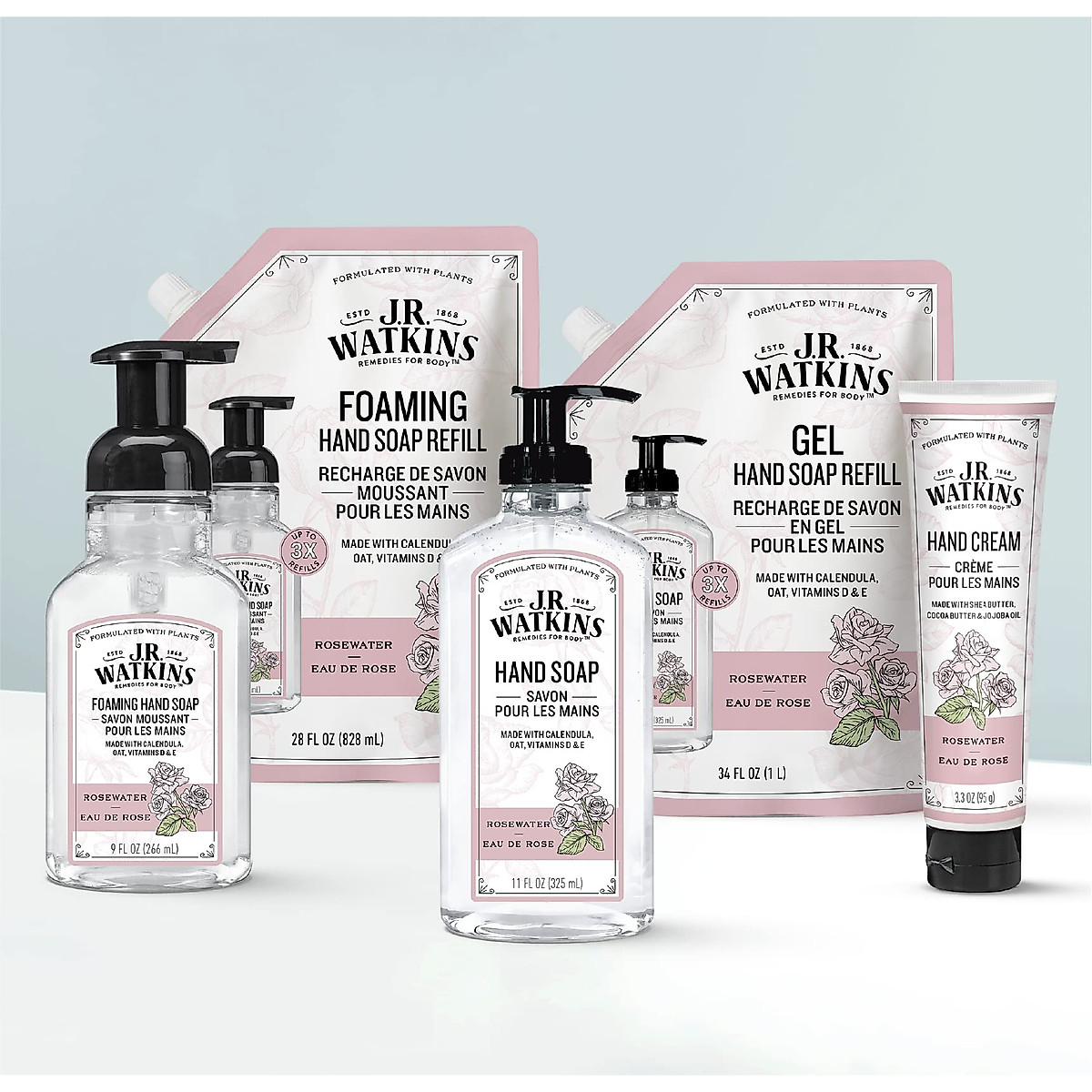 J.R. Watkins Foaming Hand Soap Refills, All Natural, Alcohol-Free Hand Wash, Cruelty-Free, Moisturizing Hand Soap Refill for Bathroom or Kitchen, Rosewater, 28 fl oz Foam Soap Refill, 3 Pack