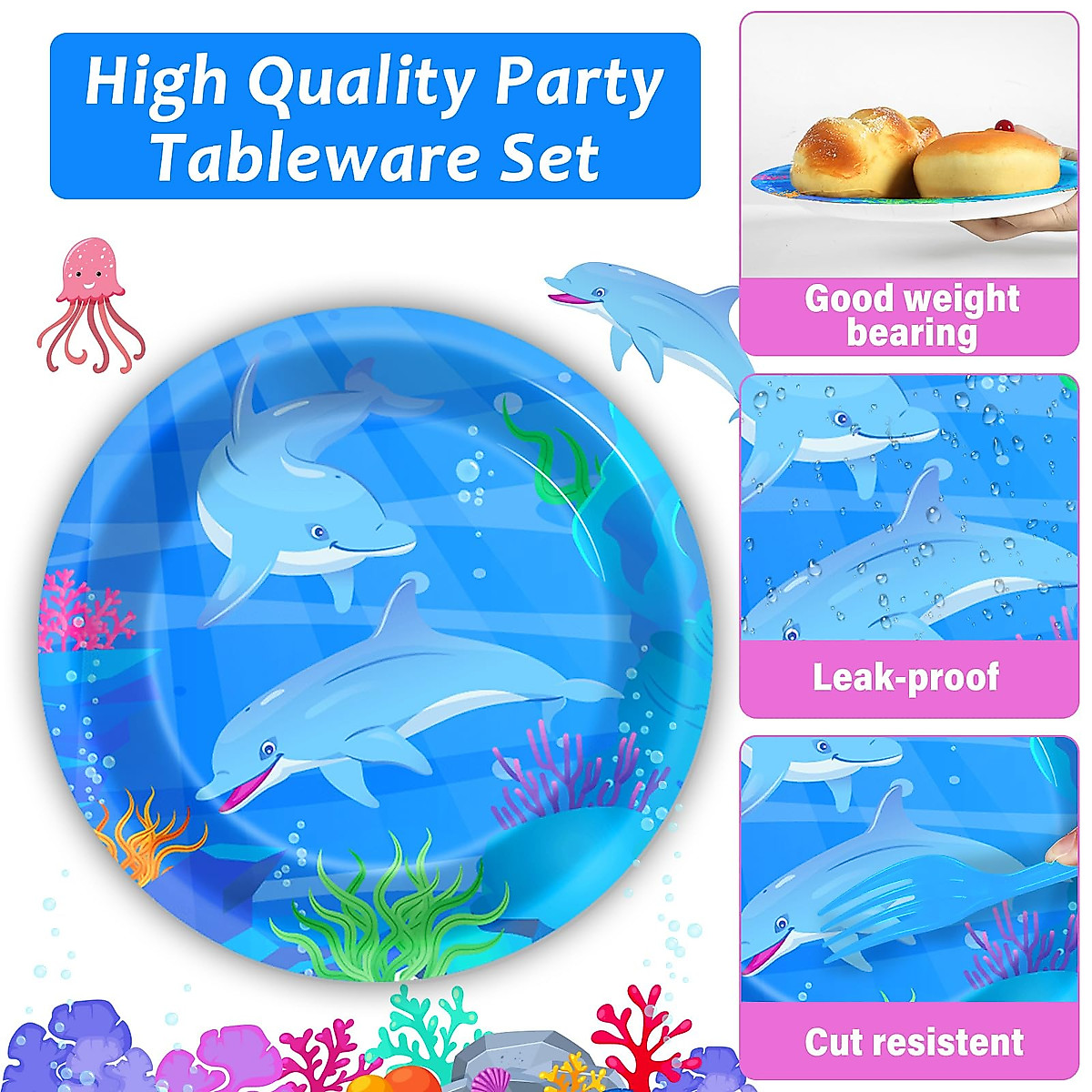 96 Pcs Dolphin Theme Party Supplies Set Ocean Dolphin Plates and Napkins Disposable Tableware Under the Sea Birthday Decorations Favors for Baby Shower for 24 Guests
