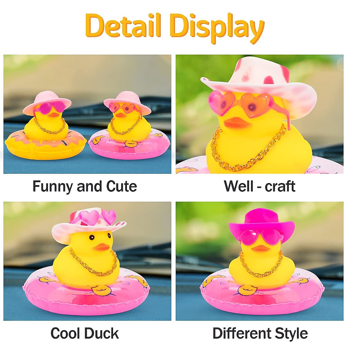 wonuu Car Rubber Duck Car Duck Decoration Dashboard Car Ornament for Car Dashboard Decoration Accessories with Mini Flower Hat Swim Ring Necklace and Sunglasses, I_red Heart Glasses&Pink Hat