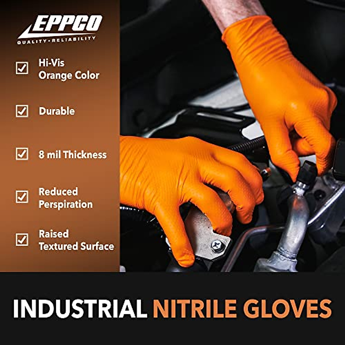 EPPCO TigerGrip 8-Mil Nitrile Glove Disposable Powder, Latex Free Textured Superior Grip Orange Gloves, XL, Box of 100