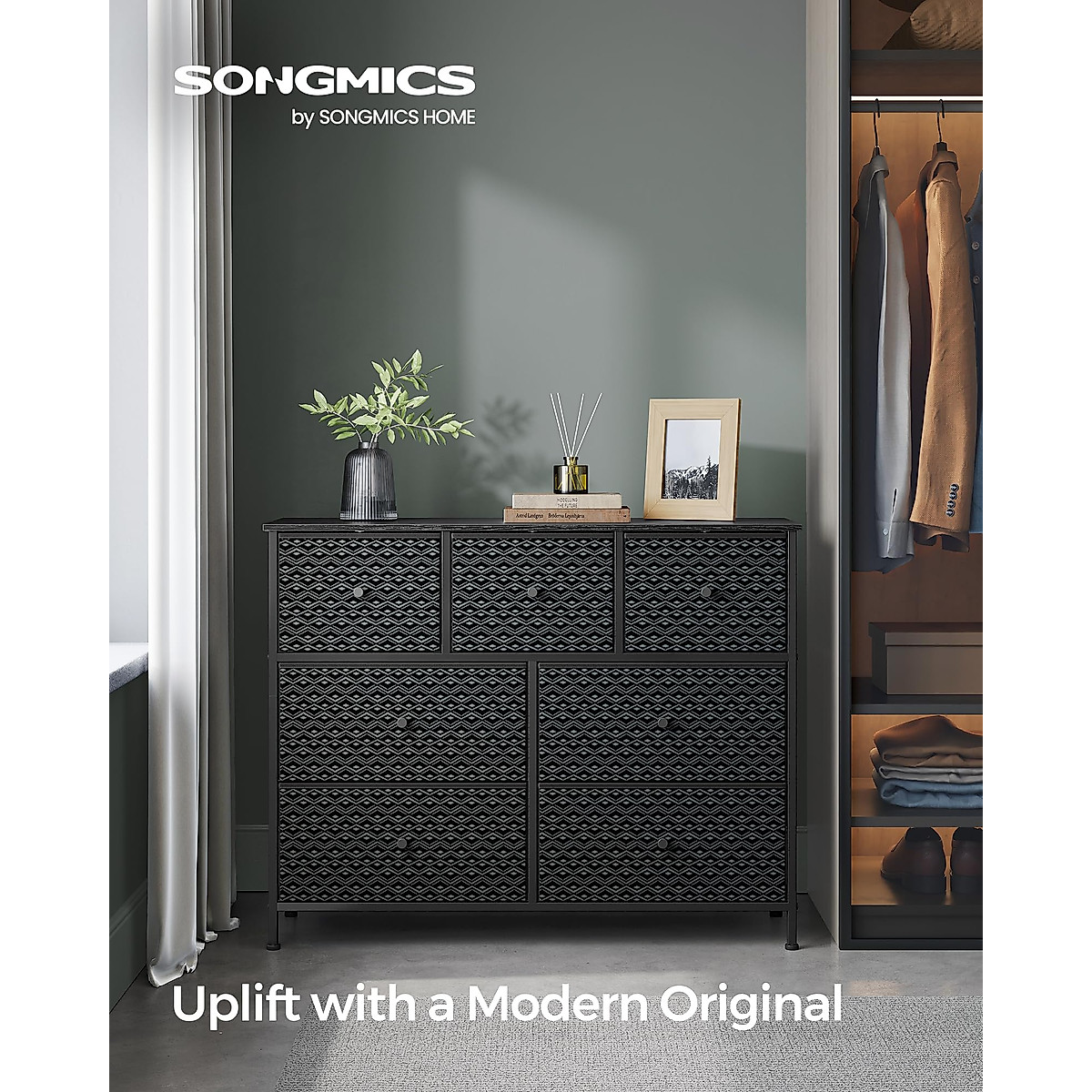 SONGMICS Dresser for Bedroom, Chest of Drawers, Closet Organizer and Storage Cabinet with 7 Fabric Drawers, Metal Frame, Ebony Black and Ink Black ULTS117B01