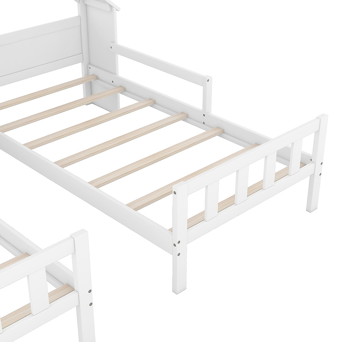 Harper & Bright Designs Double Twin Bed Frames for Kids,Wood Double Twin House Bed with House-Shaped Headboard and a Built-in Nightstand, Side by Side Montessori Twin Bed for Kids Girls Boys,White