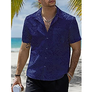 VATPAVE Men's Hawaiian Floral Jacquard Shirt - Casual Button Down Short Sleeve Summer Shirt With Pocket - XX-Large Navy Flower