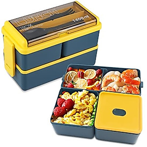 NatraProw Bento Box Adult Lunch Box, 3-in-1 Stackable Lunch Containers, 47OZ Bento Box with 4 Compartments, Fork & Spoon, Leak Proof, Microwave Safe (Blue)