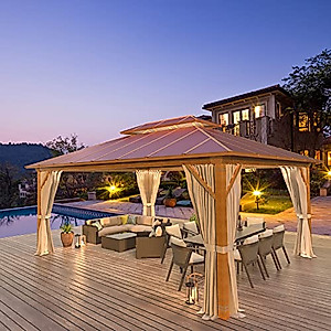 Erinnyees 12' x 16' Wood Grain Hardtop Gazebo, Outdoor Aluminum Composite Double Roof with Privacy Curtain and Mosquito Net for Patio, Lawn, Garden, Deck(Wood Looking, Wine Red)