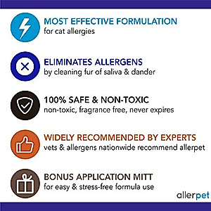 Allerpet Cat Dander Remover w/Free Applicator Mitt & Sprayer - Effective Cat Allergy Relief - Anti Allergen Solution Made in USA - (12oz)