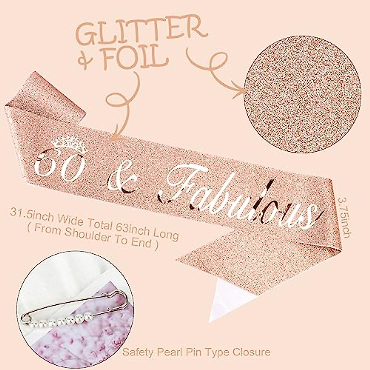 TOBATOBA 60th Birthday Decorations Women, Rose Gold Birthday Sash Birthday Tiaras and Crowns for Women, 60 and Fabulous Birthday Decorations for Women, 60th Birthday Gifts Women Birthday Party Favors