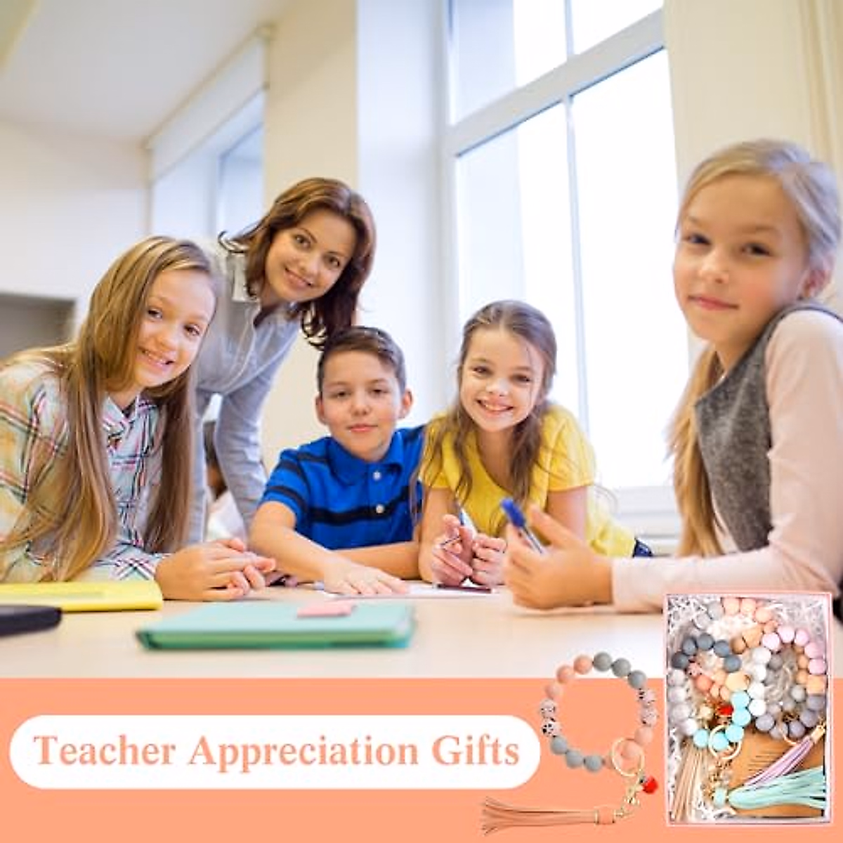 4 Pcs Silicone Key Ring Bracelet for Women Teacher Gifts Teacher Appreciation Beaded Wristlet Keychain Teacher Keychains with Tassel Portable Wristlet Bangle Keyring Holder, End of Year Teacher Gifts