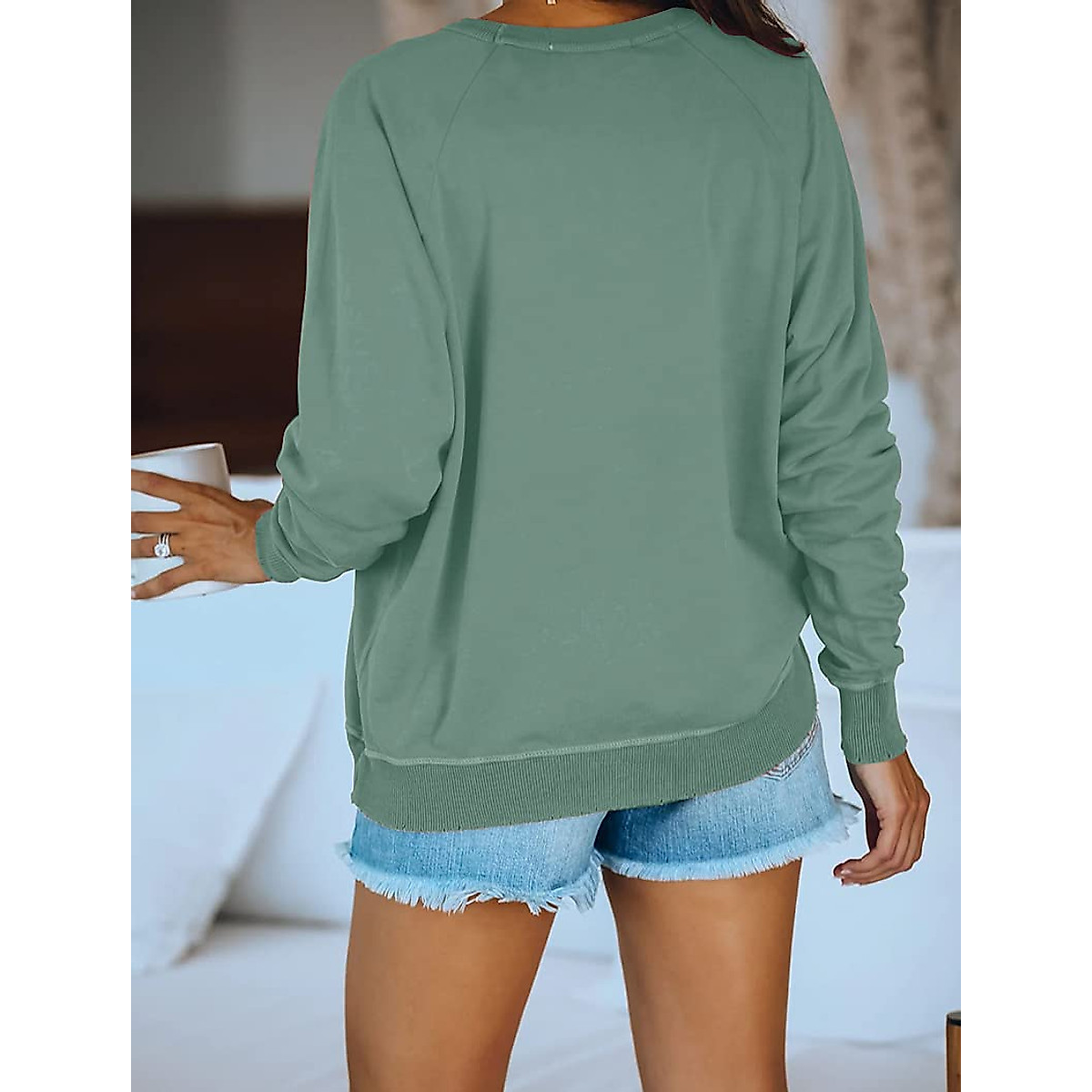 PRETTODAY Women's Casual Solid Sweatshirts Long Sleeve Crew Neck Tops Loose Pulloverss (Mint, l)