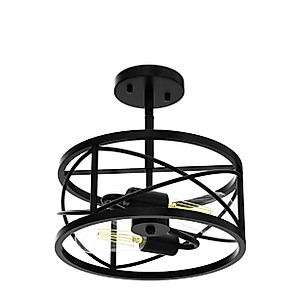 Karjearl Farmhouse Semi Flush Mount Ceiling Light, D11.8 Inches Black Industrial Sloped Ceiling Light Fixtures Vintage Metal Cage Ceiling Lamp for Kitchen Hallway Entryway Laundry Room Bedroom