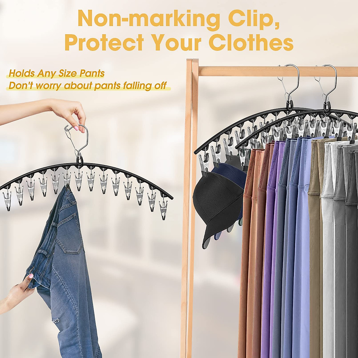 Upgrade Skirt Pants Hangers with Clips, Legging Organizer for Closet Hanging with 15 Cilps Holds 30 Leggings/Shorts/Jeans/Skirts Pants Hangers Space Saving Closet Organizers and Storage, Black 2Pack