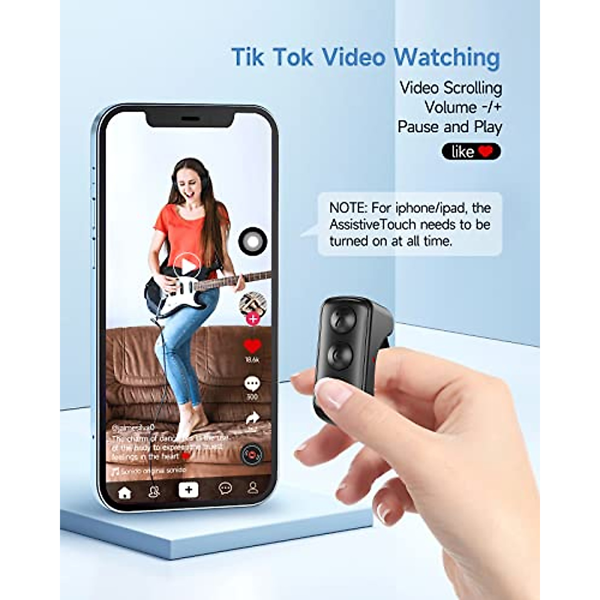 TIK Tok Bluetooth Remote Control, Tiktok Wireless Scrolling Control Page Turner Rechargeable with Ring Design and Charging Case Compatible with iOS/Android