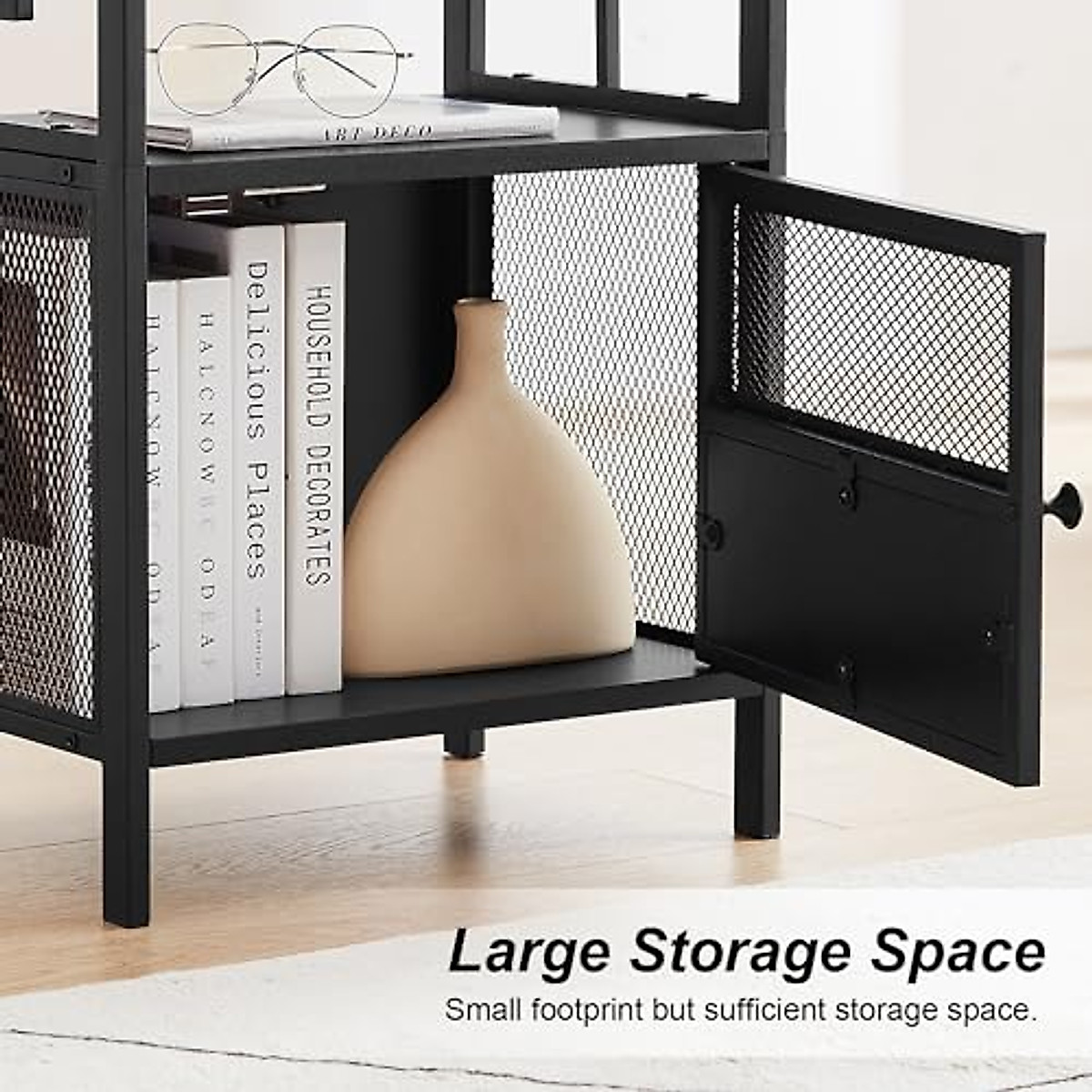 MNEETRUNG End Table with Charging Station, Side Table with USB Ports and Outlets, Bedside Tables with Door, 3-Tier Nightstand for Small Space, Living Room, Bedroom, Black