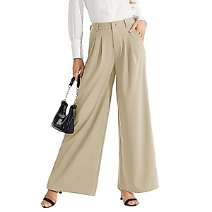 VILIGO Wide Leg Pants for Women High Waist Work Trousers Business Casual Loose Dress Palazzo Flowy Pleated Pants Khaki XL
