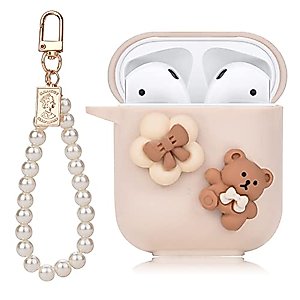 Cute AirPod Case Cartoon Lovely Bear Design with Pearl Chain Soft Protective Cover Compatible with AirPods 2 & 1 Generation for Women and Girls (Brown)