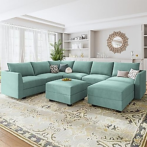 HONBAY Modular Sectional Sofa with Storage Seat Oversized U Shaped Modular Couch with Reversible Chaise Sectional Sleeper Sofa with Ottoman for Living Room, Aqua Blue