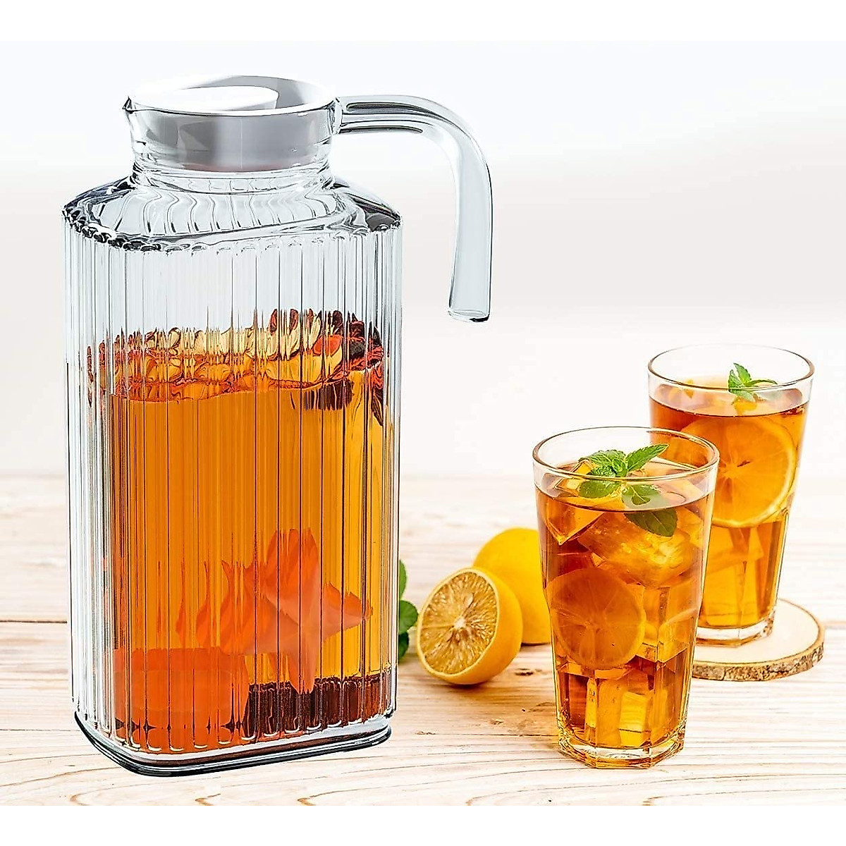 Fridge Pitcher Set of 2– 60 OZ. Glass Water Pitcher with Lid By Home Essentials & Beyond Practical and Easy to use Fridge Pitcher Great for Lemonade, Iced Tea, Milk, Cocktails and more Beverages.