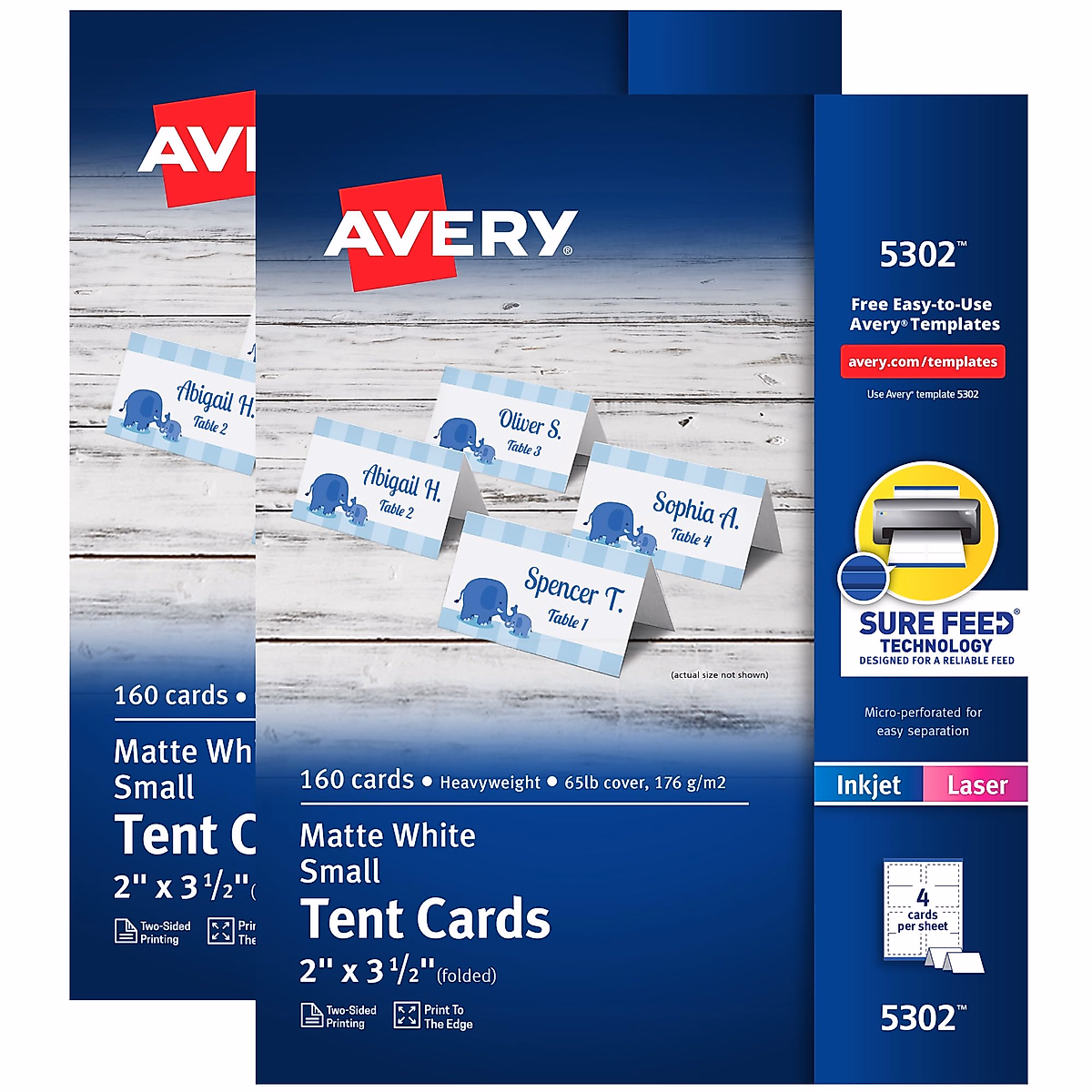 Avery Printable Small Tent Cards, 2" x 3.5", Two-Sided Printing, Matte White, 2 Pack, 320 Cards Total (5812)