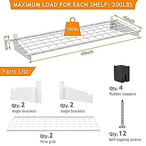 Wallmaster 2-Pack 2x4ft Heavy Duty Garage Wall Shelving 45-inch-by-15-inch Wall Mount Garage Storage Rack Floating Shelves Max Load 400lb White