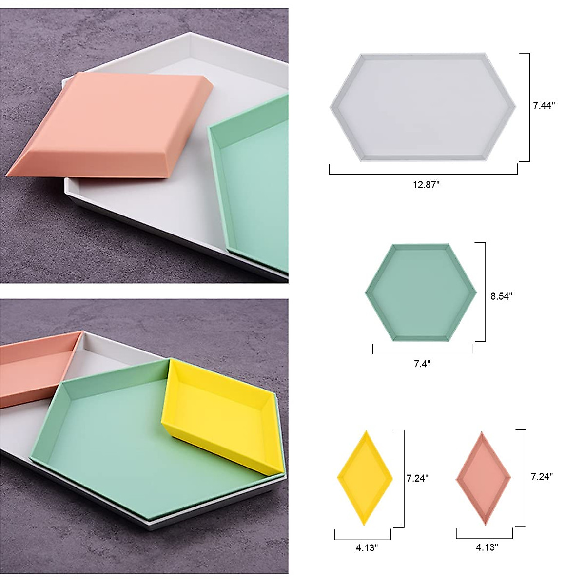 Polygon Decorative Coffee Table Tray,Unbreakable Geometric Vanity Tray,Jewelry Tray, Key Bowl,Ring Dish,Food Serving Tray,bar Tray - Serving Tray,Plastic Separable Tray Versatile (4Pack,4colors)