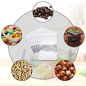 TOCKONIMN Stand-up Pouch Smell-Proof Edible Bag Packaging for Food-Storage 100 Pack Resealable Containers for Candy Products Heat Sealable Ziplock Bags with Clear Window (3.9"x5.9", white)