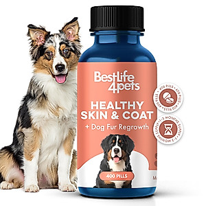 Natural Skin & Coat Supplement for Dogs, Large and Small - Dog Anti Itch Relief for Dry Skin, Rash, Allergy or Irritation - Reduces Shedding, Dandruff and Supports Dog Hair Growth - 400 Small Pills