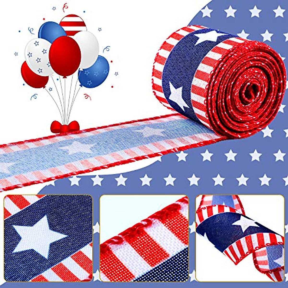 Wiaxin 26 Yards 4th of July Ribbon Patriotic Wired Edge Ribbon Patriotic Stars Stripes Ribbon for Independent Day Decor Hair Bows Wrapping Sewing