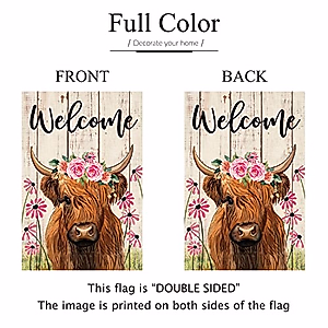 ORTIGIA Welcome Spring Highland Cow Garden Flag Burlap Double Sided Vertical 12x18 Inch Farmhouse Floral Cow Yard Decor Spring Summer Daisy Flowers Porch Flag Rustic Seasonal Outdoor Flag