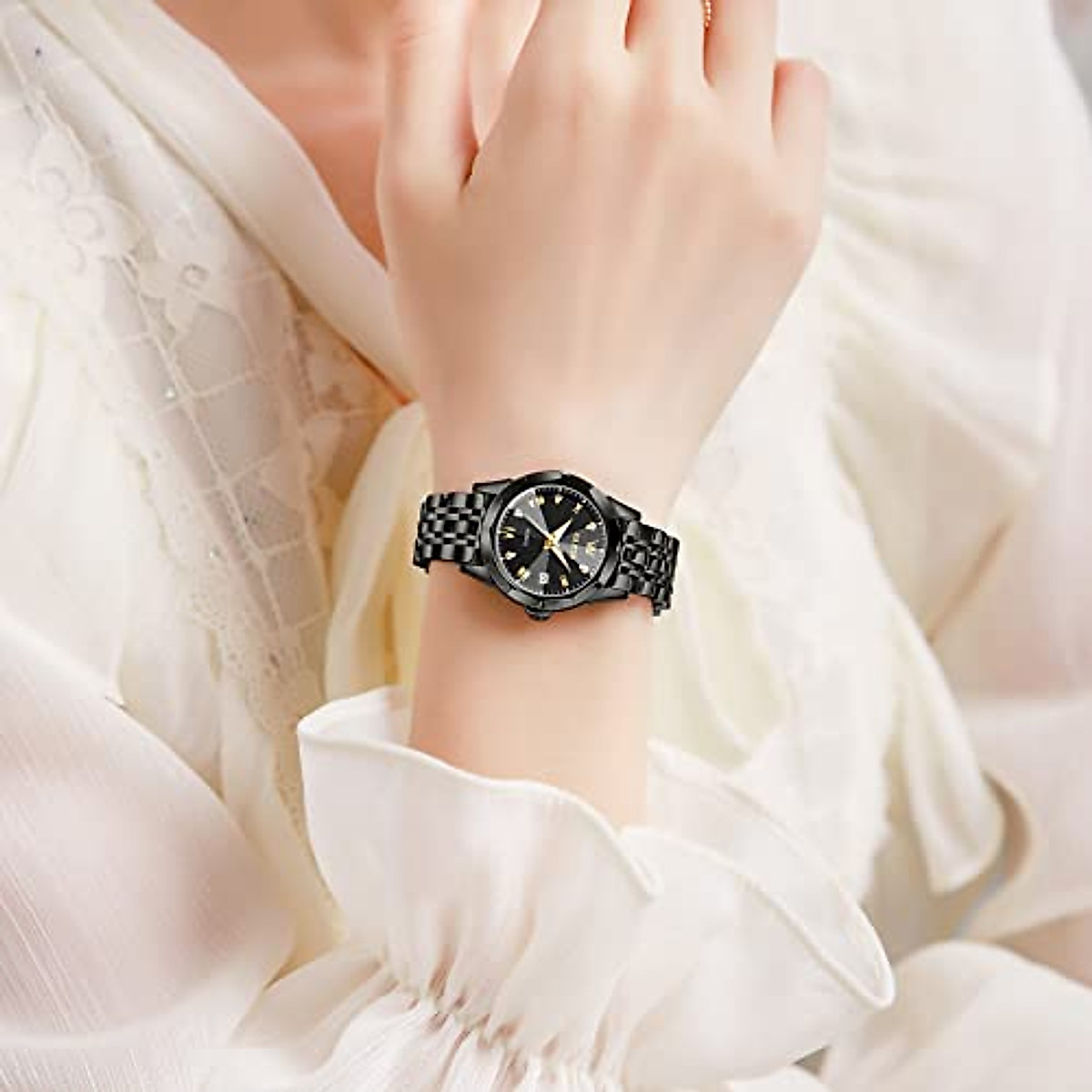 OLEVS Black Watch for Women Analog Quartz Diamond Fashion Elegant Dress Ladies Watch Stainless Steel Day Date Wrist Watches Waterproof Luminous