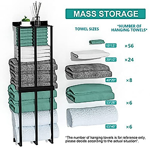 Towel Rack for Bathroom, New Upgrade 3 Bar Wall Towel Racks for Rolled Towels, Towel Storage with Metal Top Shelf, Wall Mounted Bathroom Organizer (Black)