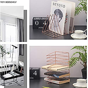 Magazine Rack Book Record Holder, Desktop Iron Storage Rack Bookshelf Multifunction Triangle File Organizer Decor Home Office (Rose gold)