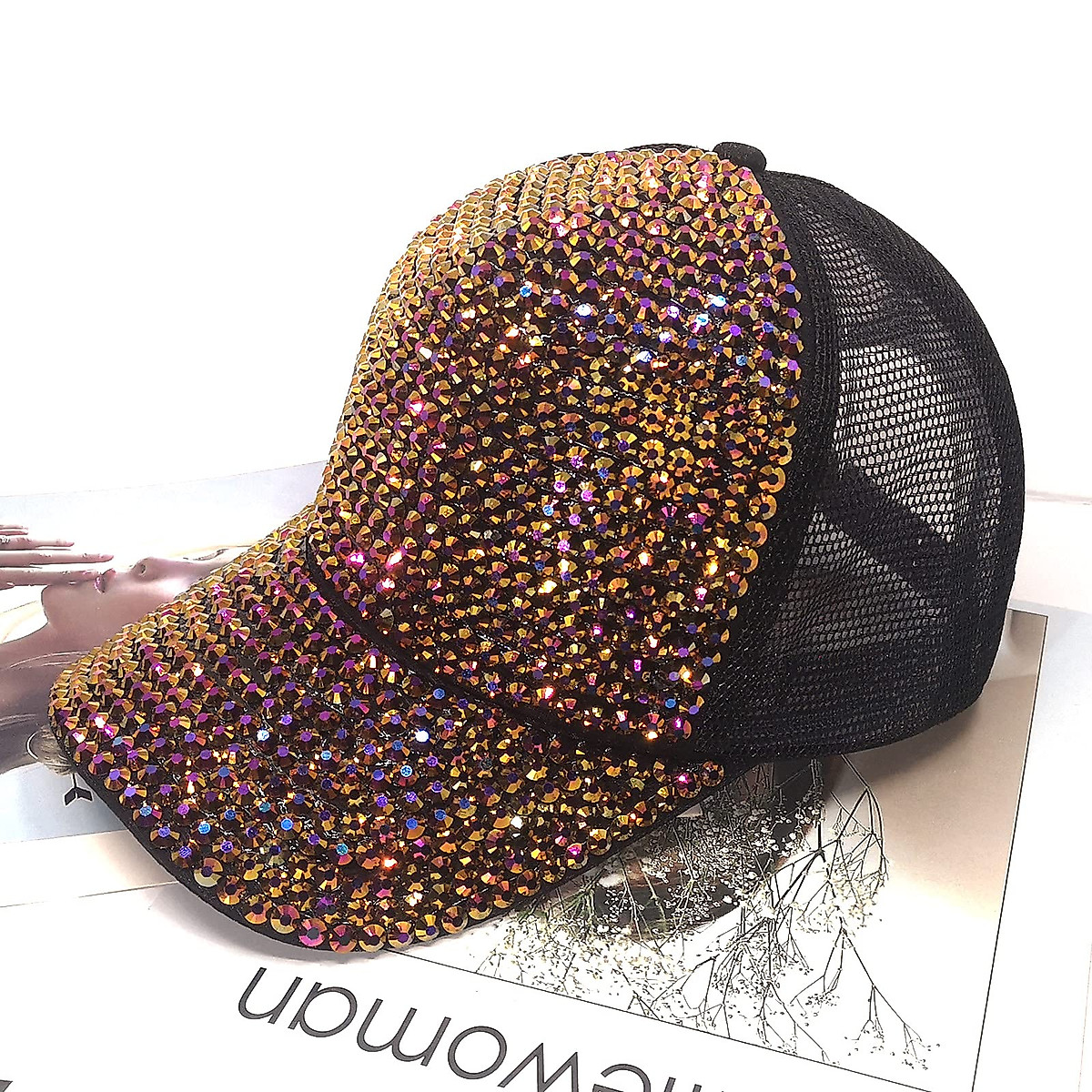 Bling Baseball Cap for Women with Full Diamond Design Adjustable Ladies Baseball Travel Cap (Gold-Pink)