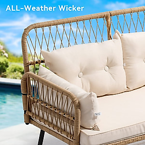 YITAHOME 2-Piece Patio Furniture Wicker Outdoor Loveseat, All-Weather Rattan Conversation for Backyard, Balcony and Deck with Soft Cushions and SideTable (Light Brown+Beige)