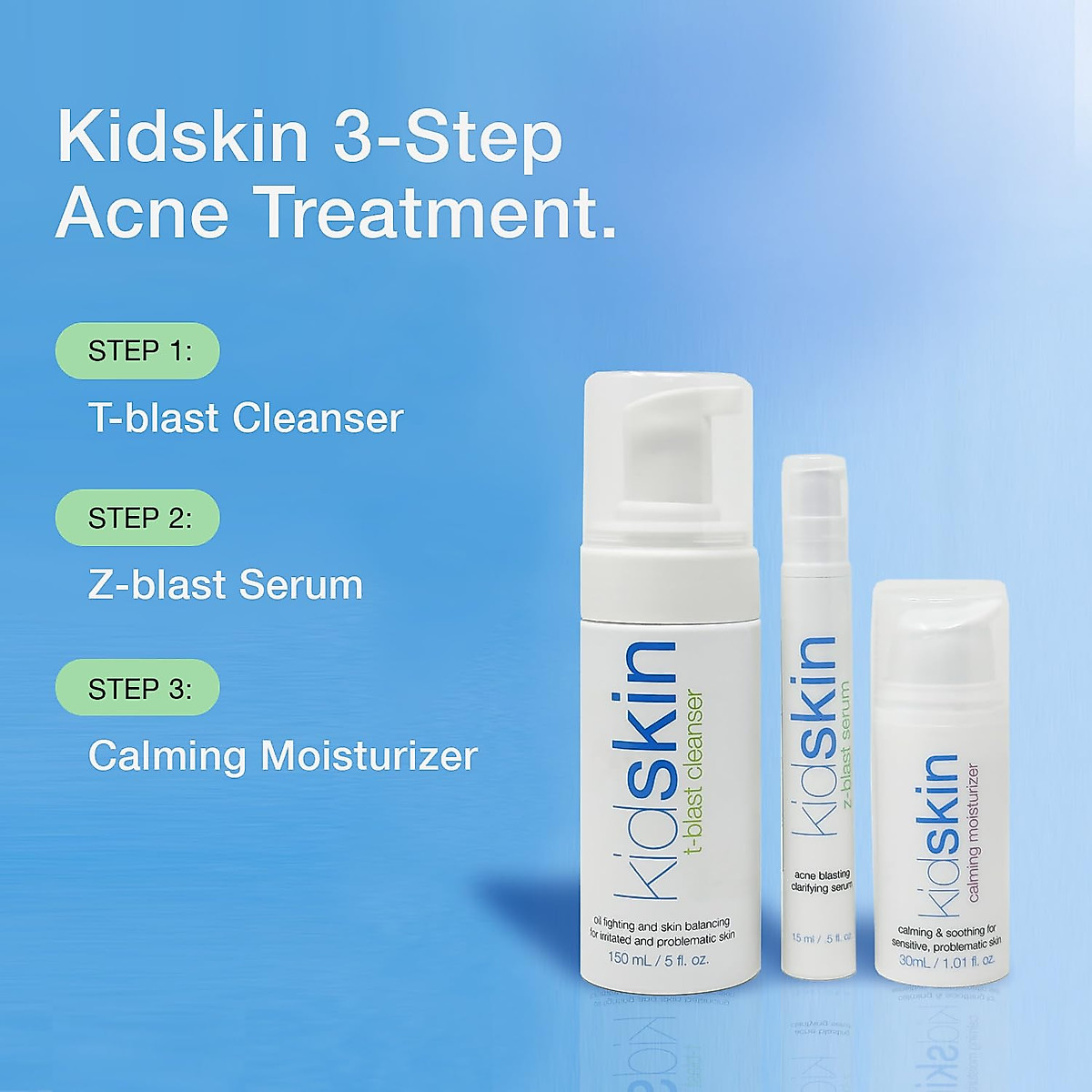 Kidskin 3-Step Acne Kit for Teens - Skincare Set Includes T-Blast Face Wash, Z-Blast Acne Serum, and Calming Face Moisturizer for Oily Skin- Complete Skin Care Set for Teen Girls, Boys & Kids