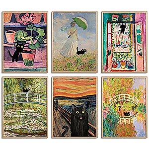 Funny Black Cat Posters For Room Aesthetic Set of 6 Canvas Artwork Vintage Monet Matisse Wall Art Poster For Living Room Bathroom Bedroom Decor 08X10Inch UNFRAMED