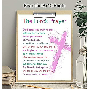 Lords Prayer Bible Verse Wall Art - Religious Scripture Girls Bedroom Decor - Christian Daughter Gifts for Toddler, Baby Girls Room - Blessed Church Sunday School Kids Decorations - Pink Cross Poster