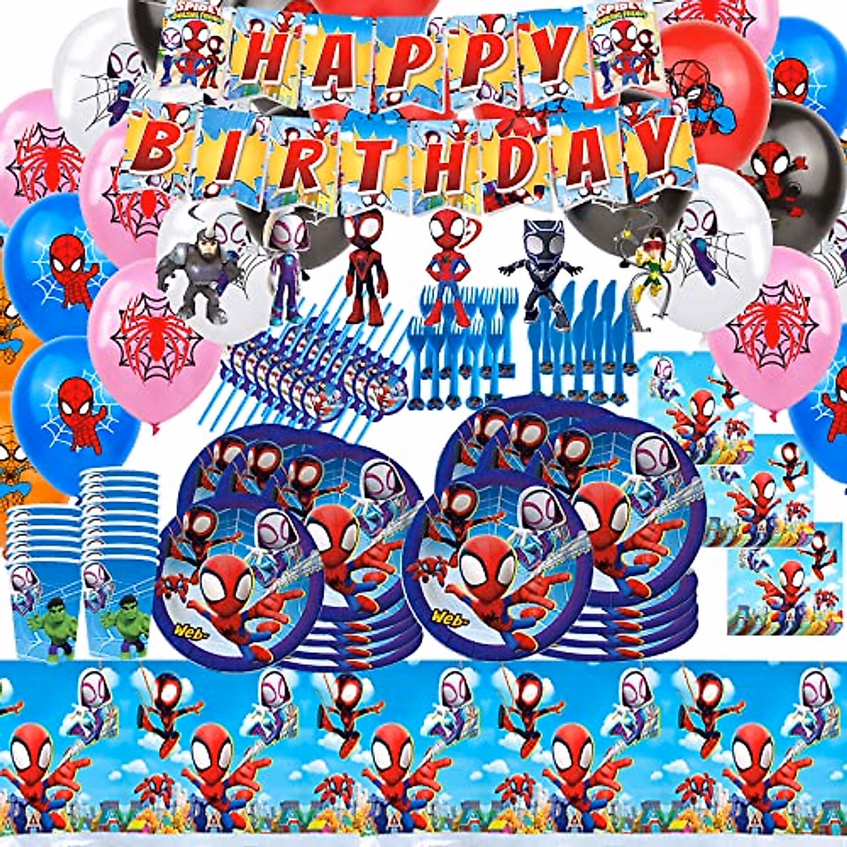 Spidey And His Amazing Friends SPlDERMEN Theme Birthday Party Decoration And Tableware Include Plates, Birthday Banner, Table Cloth, Sling, cups, straws, Coco-melon Balloons for Kids and Forks for Kids Fans Party Favors Baby shower