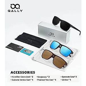 QALLY Retro Square Polarized Sunglasses for Men UV Protection Rectangular Outdoors Sunglasses with Trendy Frame, Black/Blue/Tawny