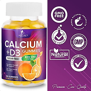Sugar Free Calcium Gummy Bites Plus 400 IU Vitamin D3, Bone Health & Immune Support - Chewable Calcium Nutrition Supplement, Non-GMO, Orange Flavor Chews - 120 Gummies