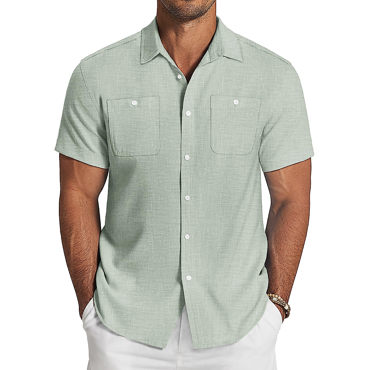 COOFANDY Men's Dress Shirt Short Sleeve Button Up Cotton Designer Shirt Big Tall Light Green